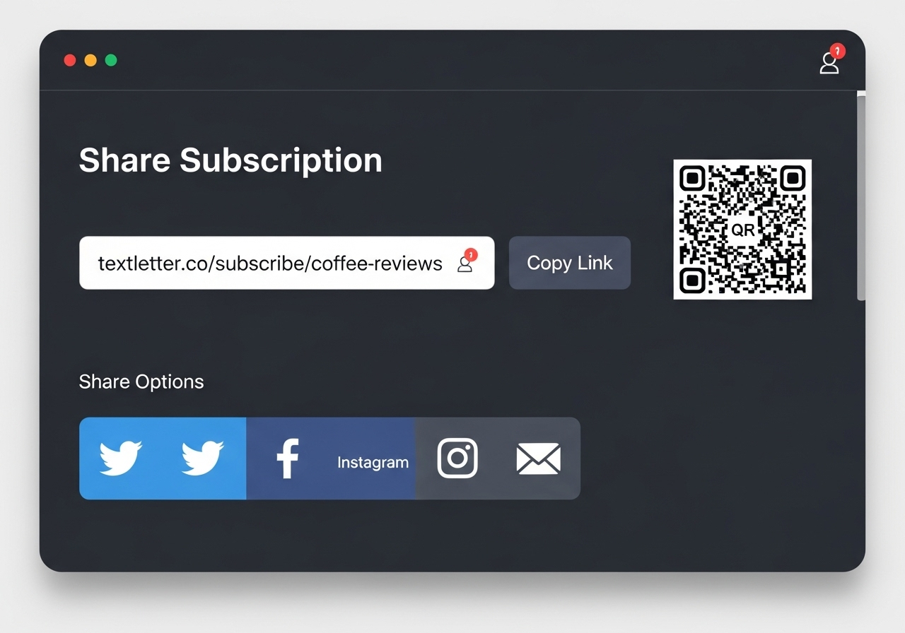 Get subscribers via link interface showing share options